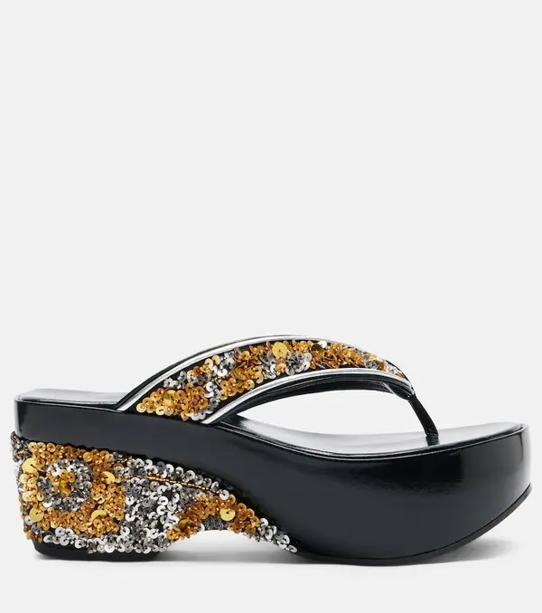 Dries Van Noten Sequined Wedge Thong Sandals - Black