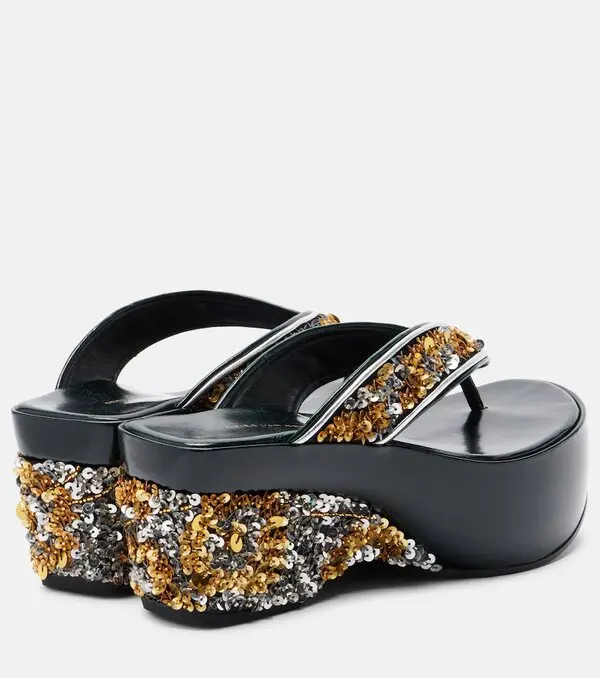 Dries Van Noten Sequined Wedge Thong Sandals - Black