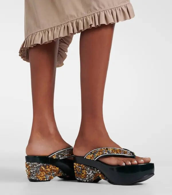 Dries Van Noten Sequined Wedge Thong Sandals - Black