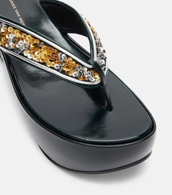 Dries Van Noten Sequined Wedge Thong Sandals - Black