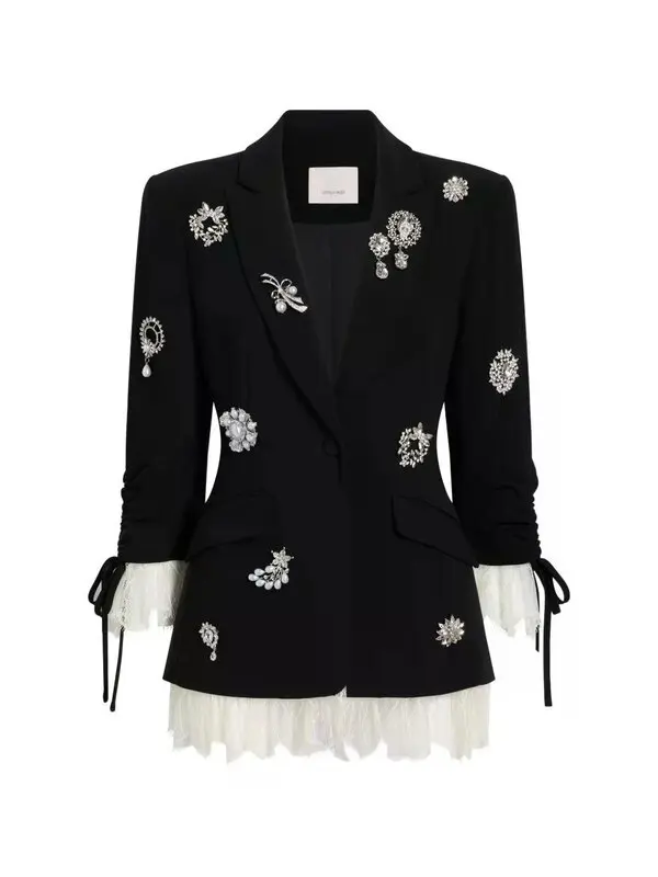 Cinq À Sept Crystal Brooch Lace Trim Blazer - Black