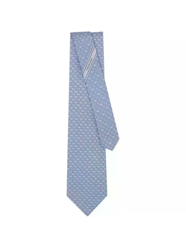 FERRAGAMO Elephant And Gancini Printed Silk Neck Tie - Blue