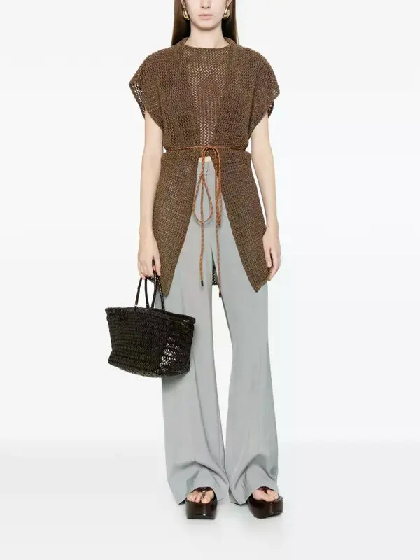 Alpha Studio Open Knit V-neck Waist Belted Cardigan - Brown