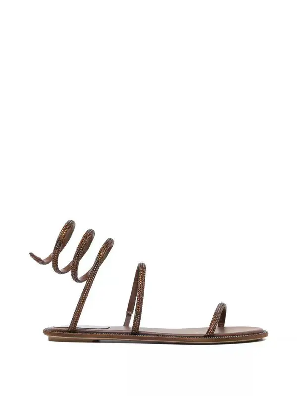 Rene Caovilla Embellished Spiral Ankle Strap Flat Sandals - Brown
