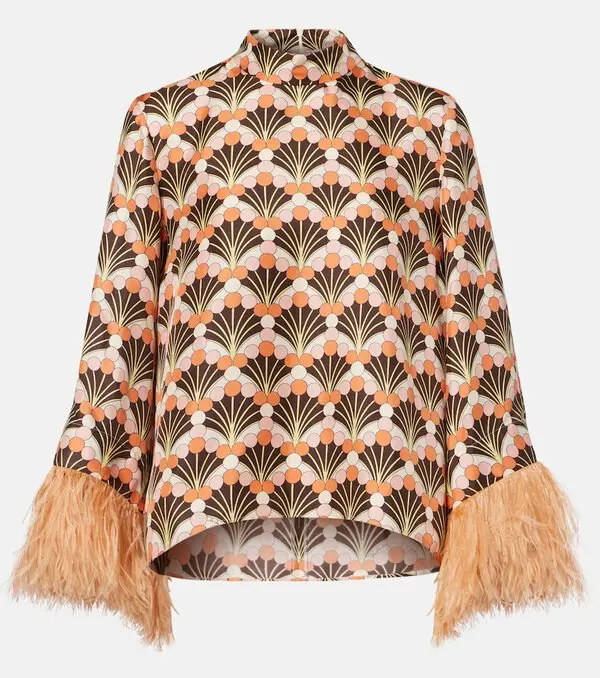 La DoubleJ Make An Exit" Feather-trimmed Silk Twill Top - Multicoloured