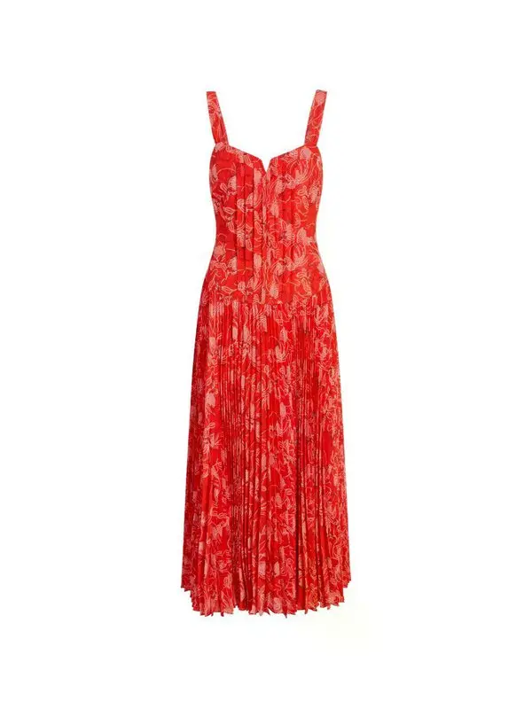 Cinq À Sept Botanical Floral Pleated Midi Dress - Red