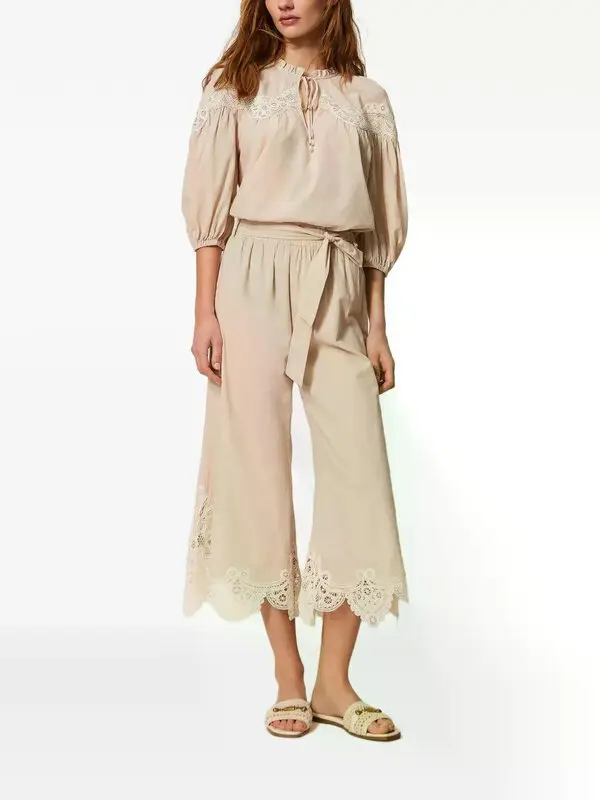 TWINSET Cropped Cotton Muslin Trousers With Lace Trim