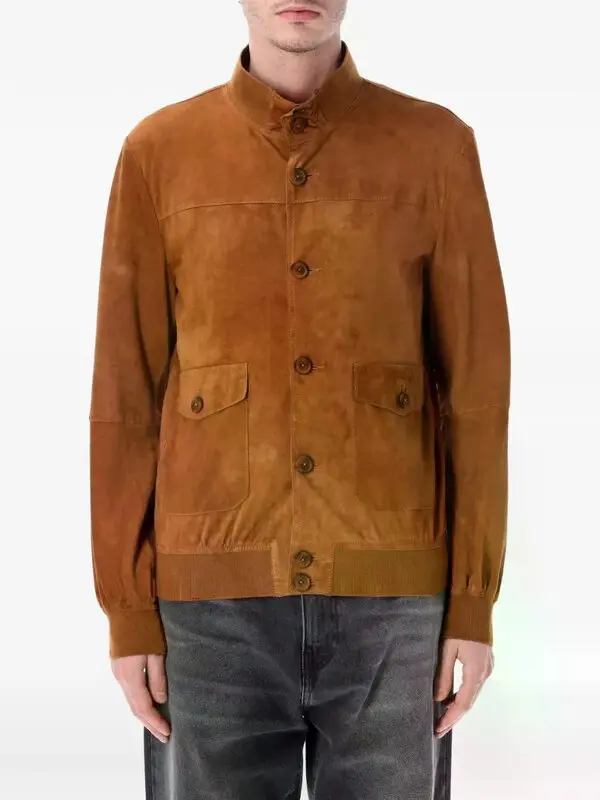 SWORD 6644 Buttoned Leather Jacket With Stand Collar
