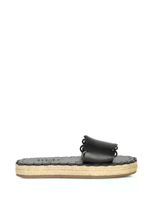 Red Valentino Scalloped Trim Flat Sole Slip-on Sandals - Black