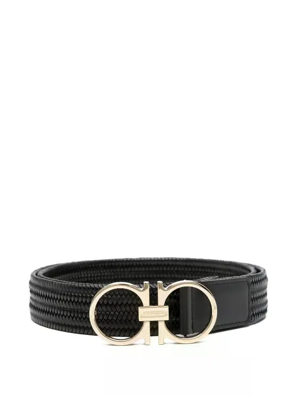 FERRAGAMO Woven Leather Gancini Buckle Belt - Black