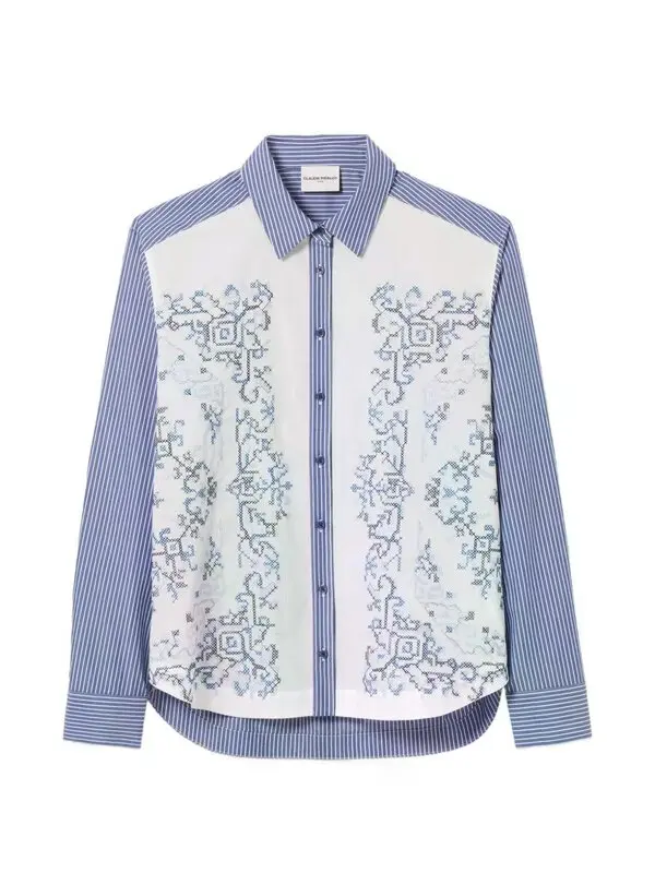Claudie Pierlot Striped Cotton Shirt With Cross-stitch Embroidery - Blue