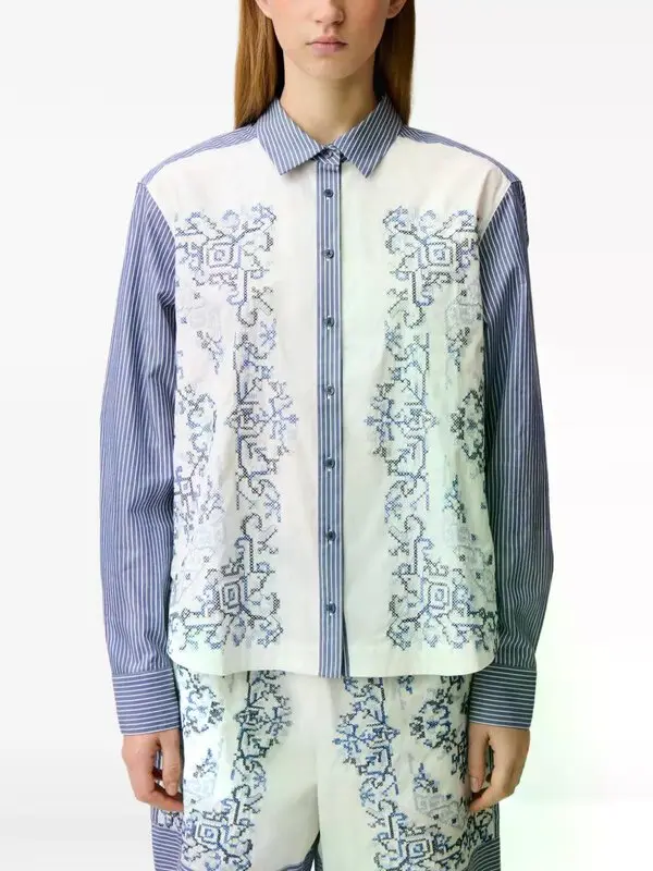 Claudie Pierlot Striped Cotton Shirt With Cross-stitch Embroidery - Blue