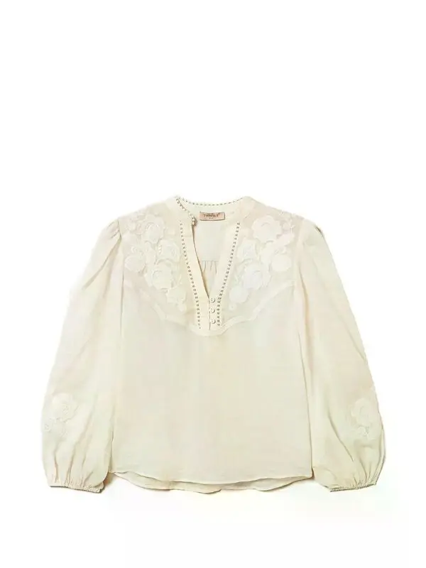 TWINSET Ramie Blouse With Floral Embroidery - Neutrals