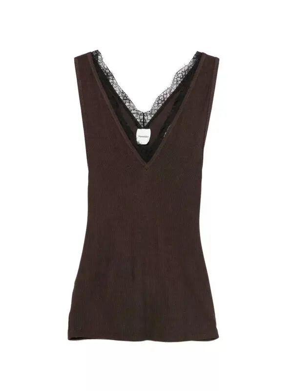 Nanushka Siara V-neck Ribbed Knit Tank Top With Lace Trim - Brown
