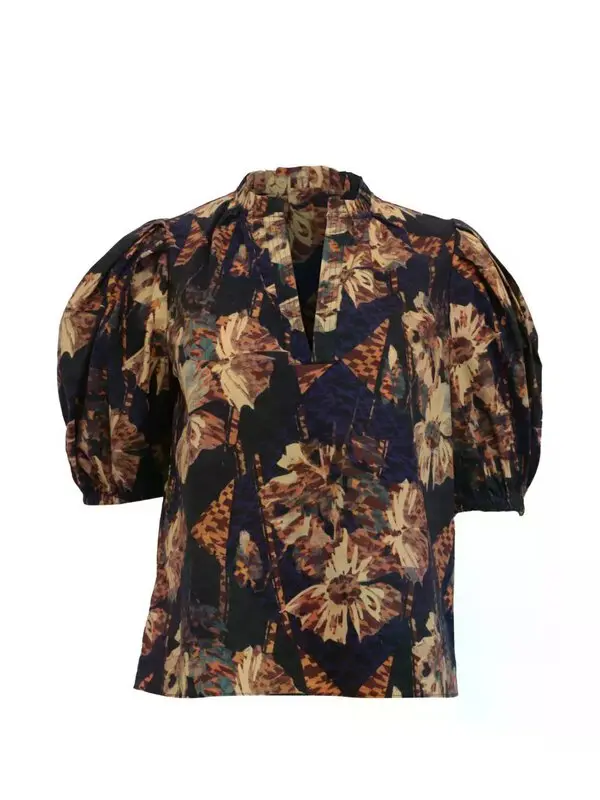 Ulla Johnson V-neck Floral Print Puff Sleeve Blouse - Black