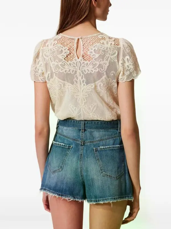TWINSET Belted Stone Wash Denim Shorts With Fringed Hem - Blue