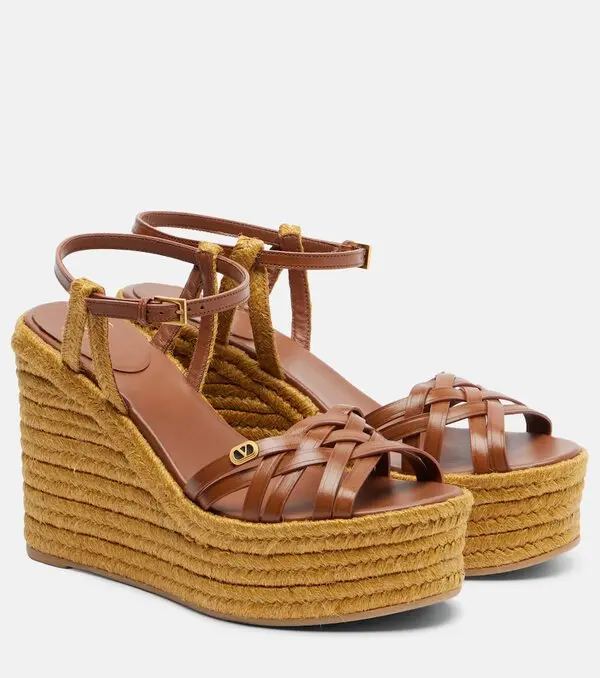 Valentino Garavani Leather-trimmed Raffia Espadrille Wedges - Brown