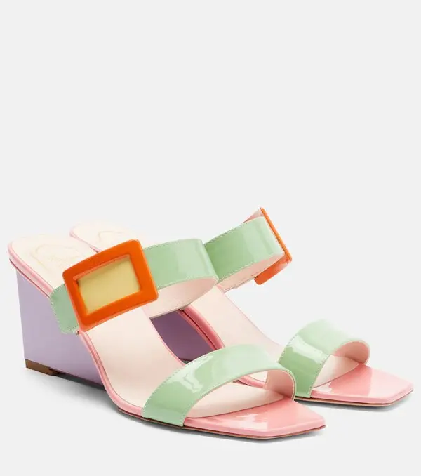 ROGER VIVIER Belle Vivier Patent Leather Wedge Mules - Multicoloured