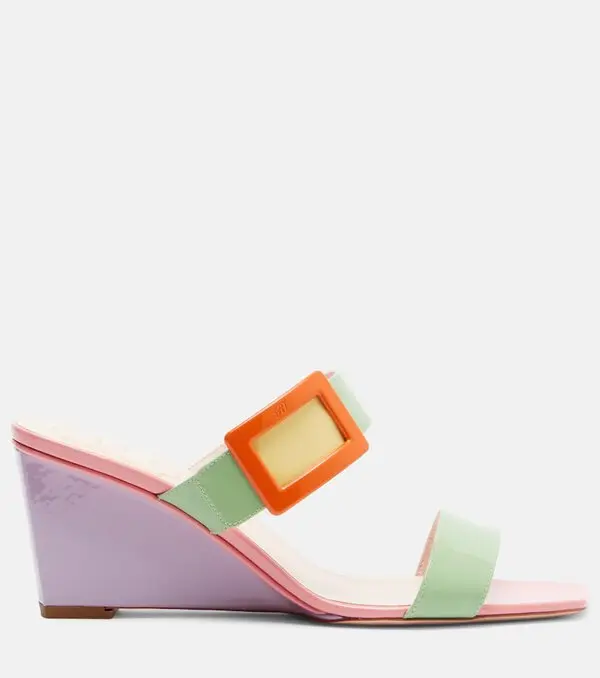 ROGER VIVIER Belle Vivier Patent Leather Wedge Mules - Multicoloured