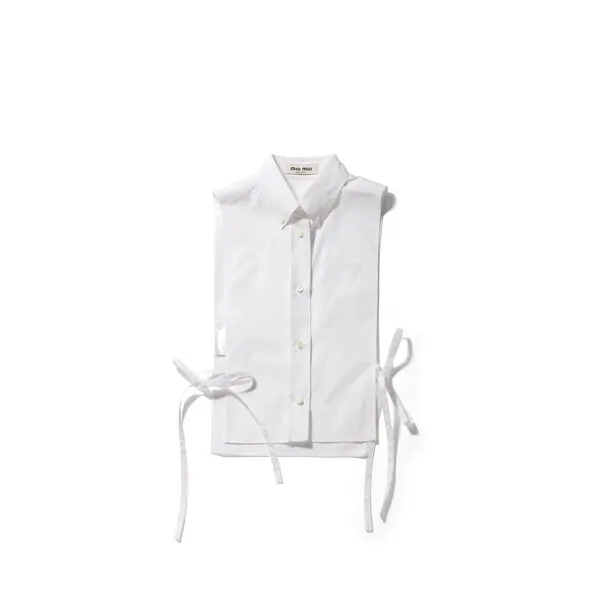 Miu Miu Sleeveless Poplin Shirt With Side Ties And Embroidered Logo - White
