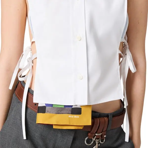 Miu Miu Sleeveless Poplin Shirt With Side Ties And Embroidered Logo - White