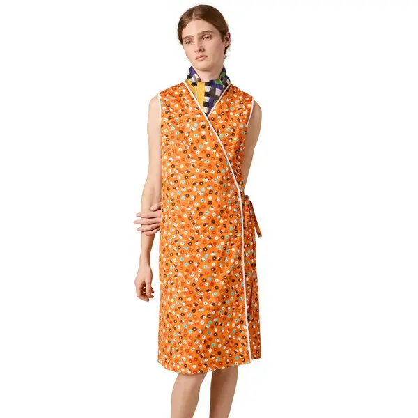 Miu Miu Sleeveless Floral Print Wrap Midi Dress - Orange/red