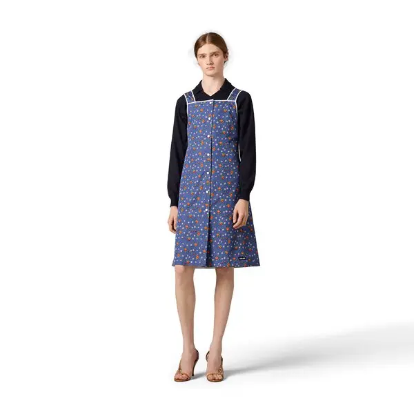 Miu Miu Printed Poplin Dress With Straps - Navy Blue/orange