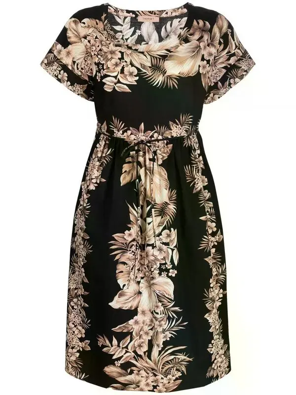 TWINSET Floral Print Scoop Neck Knee Length Dress - Black