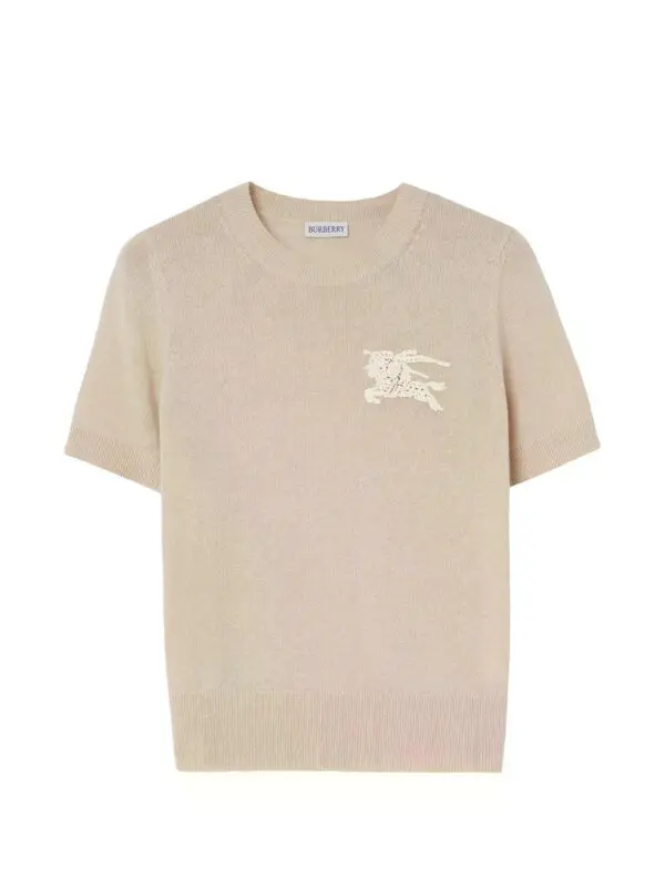 Burberry Knitted Wool Cotton Crewneck Top With Equestrian Knight Design - Neutrals