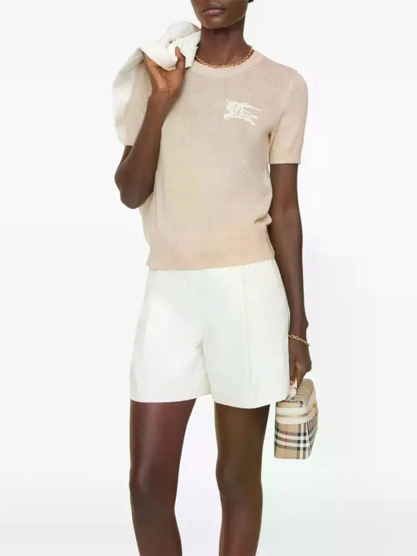 Burberry Knitted Wool Cotton Crewneck Top With Equestrian Knight Design - Neutrals