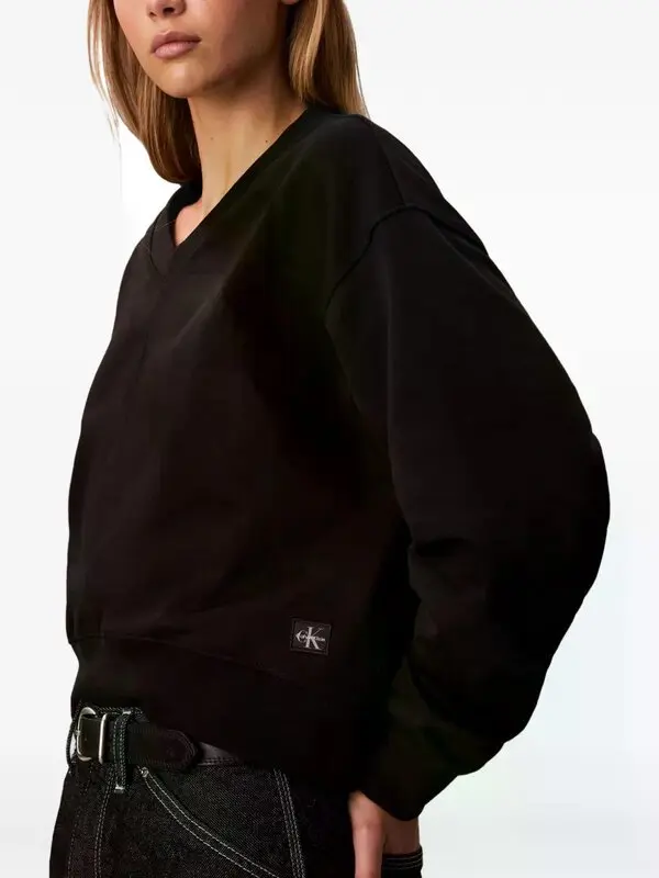 Calvin Klein V-neck Long-sleeve Cropped Sweater With Logo Patch