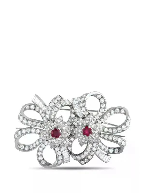 LB EXCLUSIVE Diamond And Ruby Bloom Bow Brooch - Silver