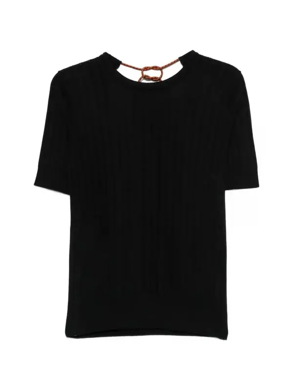 Plan C Ribbed Knit Short Sleeve Sweater With Open Back Detail