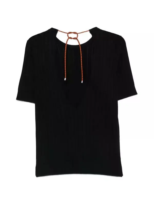Plan C Ribbed Knit Short Sleeve Sweater With Open Back Detail