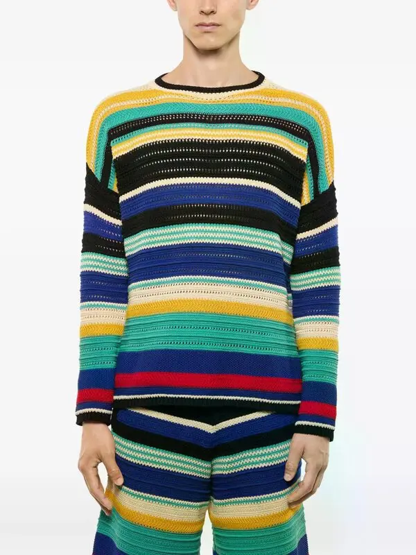 LANEUS Striped Open Knit Crew Neck Jumper