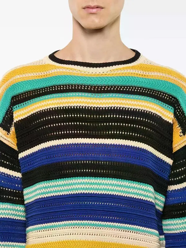 LANEUS Striped Open Knit Crew Neck Jumper