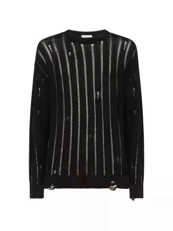 LANEUS Distressed Striped Crew Neck Jumper - Black