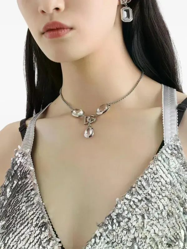 Dolce & Gabbana Tone Logo Detail Necklace With Oval-cut Glass - Silver