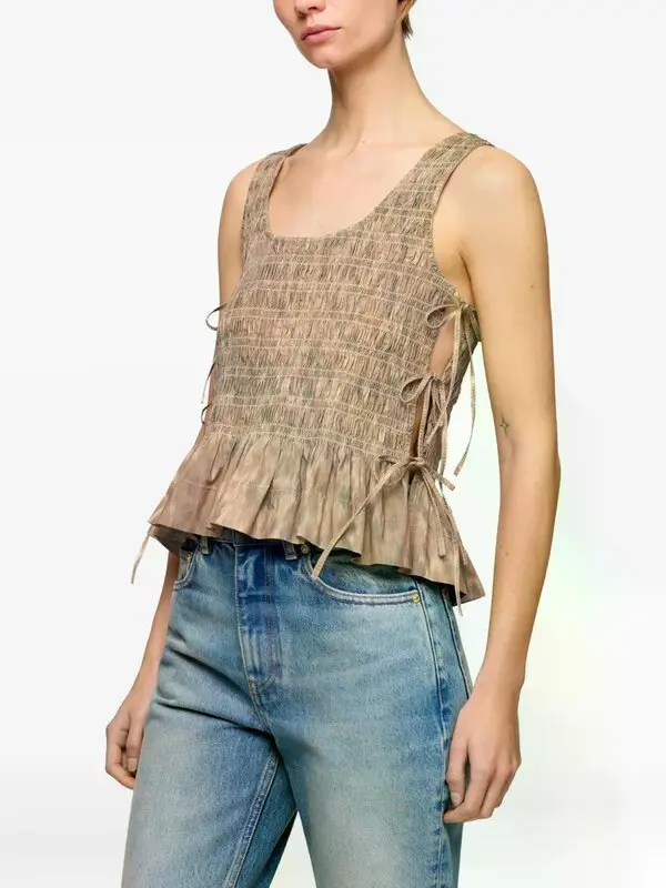 GANNI Sleeveless Printed Stretch Smock Top With Ruffled Hem - Neutrals
