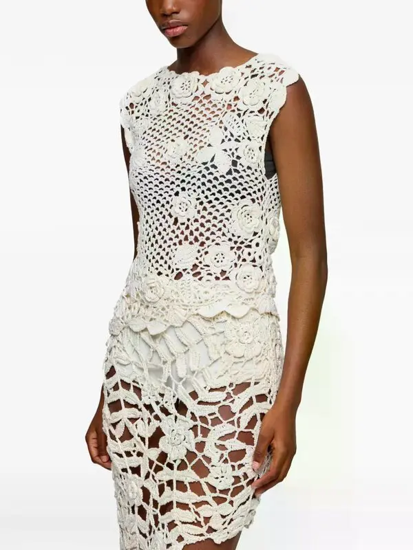 GANNI Cotton Crochet Flower Knit Top - Neutrals