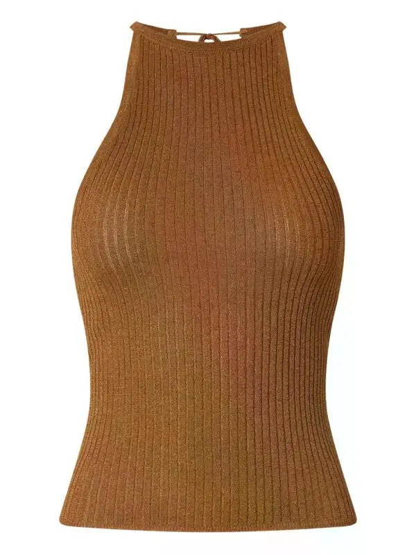 Pinko Ribbed Knit Tie Neck Top - Brown