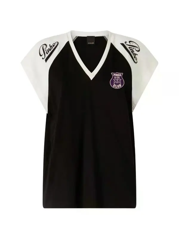 Pinko V-neck T-shirt With Branded Patches And Sequins