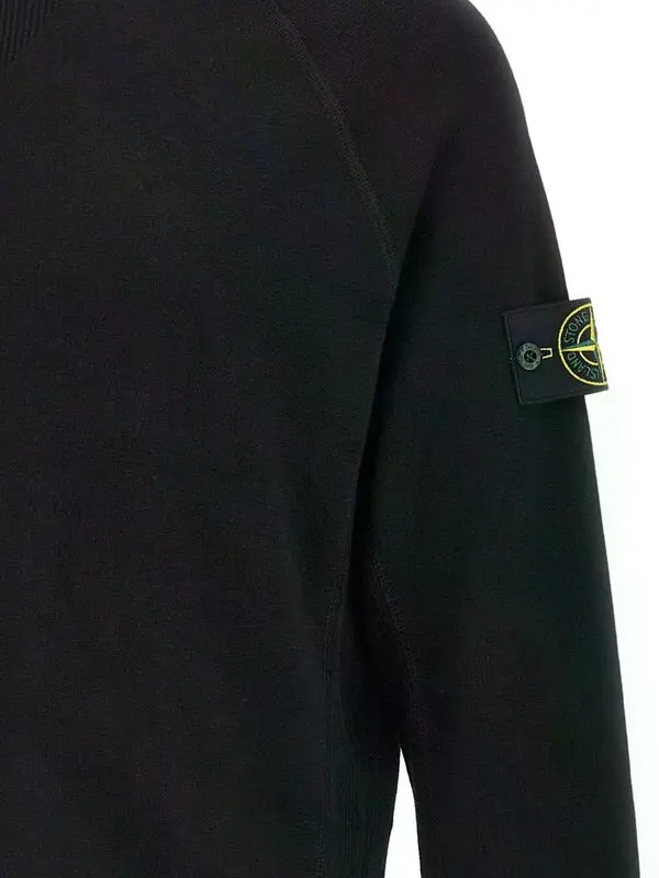 Stone Island Ribbed Cotton Raglan Sleeve Crewneck Sweater - Black