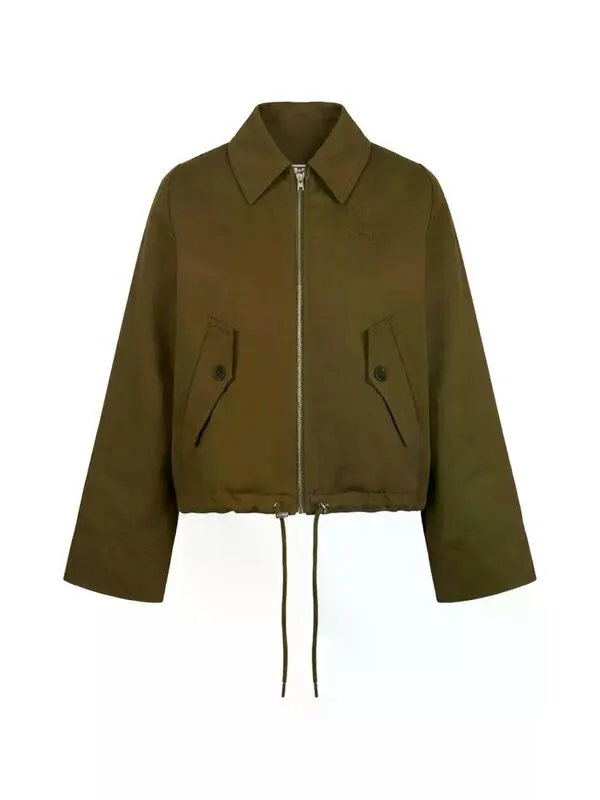 Closed Drawstring Waist Zip-up Jacket With Point Collar - Green