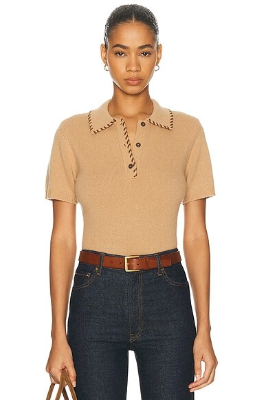 FRAME Leather Stitch Polo Top - Camel