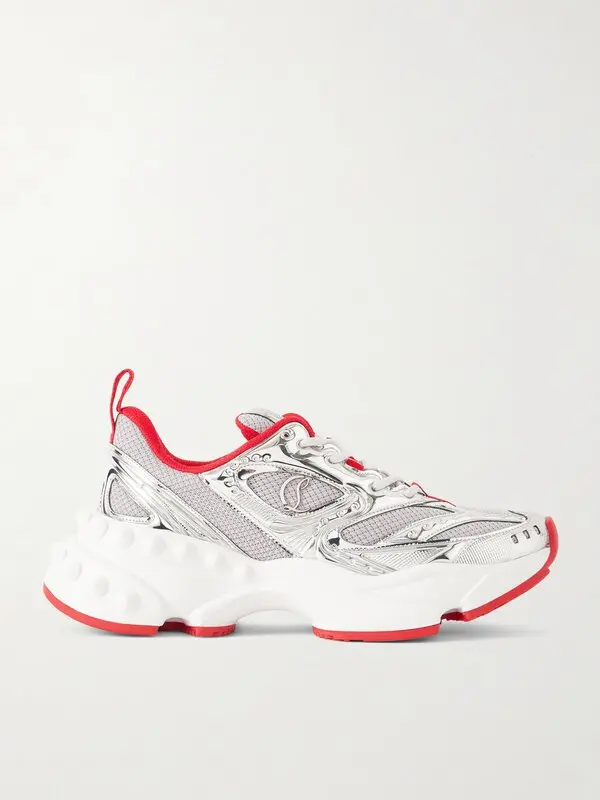 CHRISTIAN LOUBOUTIN Slo Flo" Metallic Leather-trimmed Mesh High-top Sneakers - Silver