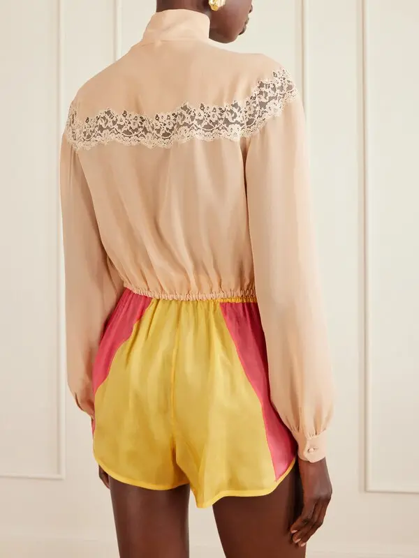 Saint Laurent Cropped Pussy-bow Lace-trimmed Silk-georgette Blouse