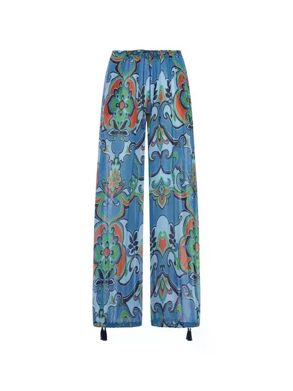 Etro Printed Silk Blend Crepon Trousers - Blue