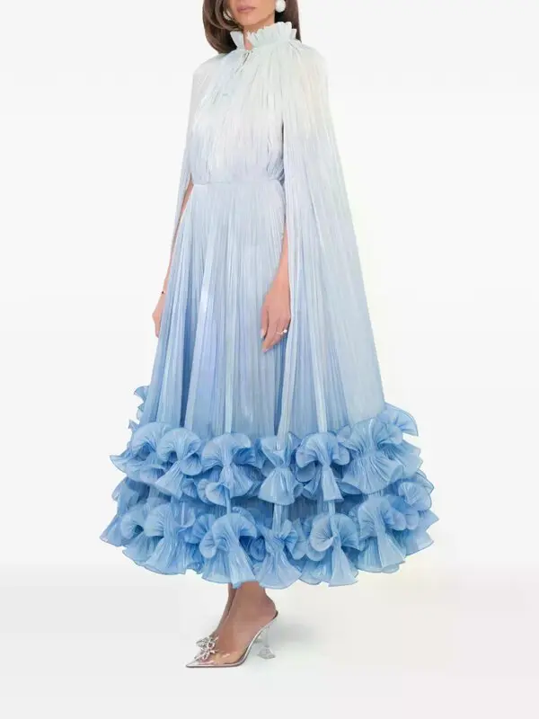 ANA RADU Mystic Wave Cape Dress With Ruffled Hem - Blue