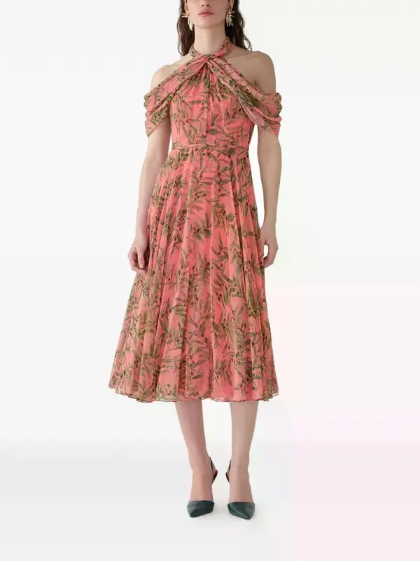 Carolina Herrera Olive Branch Print Halterneck Midi Dress - Pink
